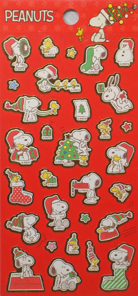 Snoopy Christmas Sticker Set With Gold Metallic Borders Shiny Gold Bo