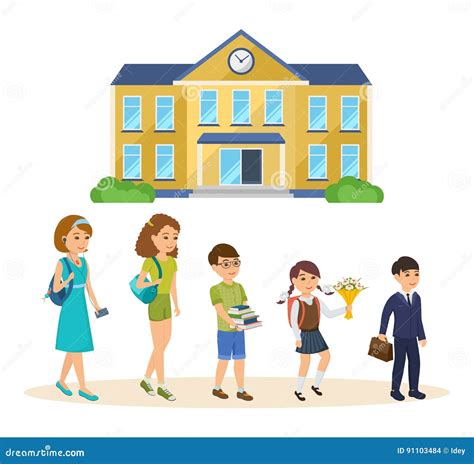 School Building Yard School Students Going To Classes And Training