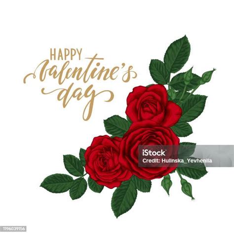 해피 발렌타인 데이 손으로 그린 창조적 인 서예와 꽃다발 빨간 장미와 잎의 테두리브러시 펜 레터링 디자인 휴일 인사말 카드 및
