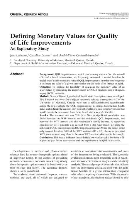 Pdf Defining Monetary Values For Quality Of Life Improvements