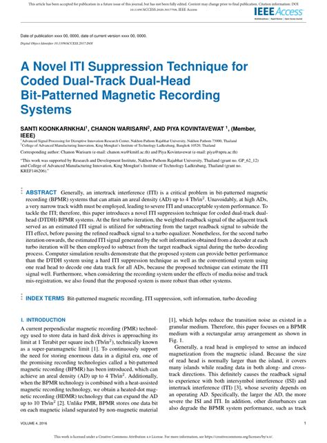 Pdf A Novel Iti Suppression Technique For Coded Dual Track Dual Head Bit Patterned Magnetic