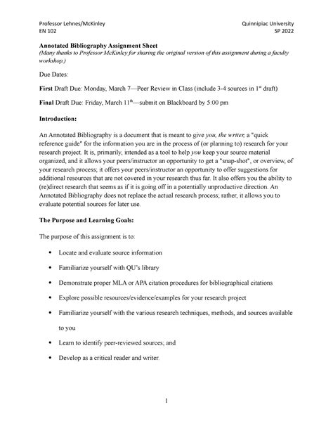 Annotated Bibliography Assignment Sheet And Rubric Sp 22 En 102 Sp