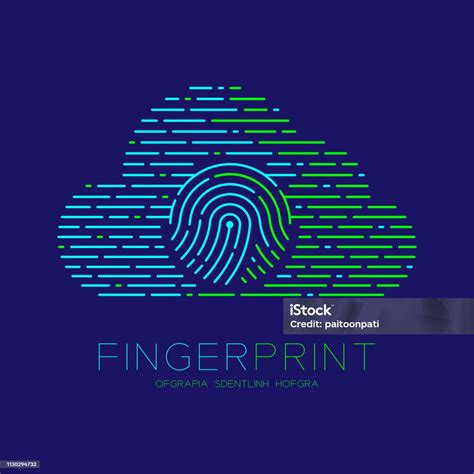 개념을 연결 하는 클라우드 패턴 지문 스캔 로고 아이콘 대시 선 기술 편집 가능한 스트로크 그림 파란과 녹색 Eps10 벡터