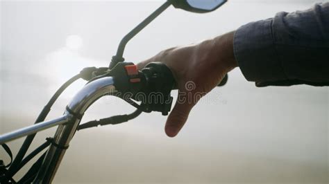 A Hand On A Motorcycle Handlebar Man Driver At Motorbike Moped Stock