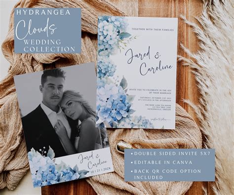 Blue Hydrangea Wedding Invitations Canva Invite With Photo Qr Blue Floral Editable Digital