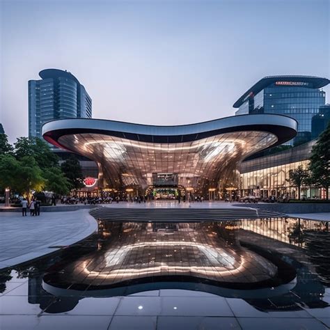 Un Edificio Con Un Reflejo Del Edificio En El Agua Foto Premium