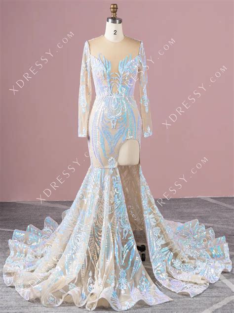 Sexy Illusion Plunging Neck Iridescent Sequin Prom Gown Xdressy