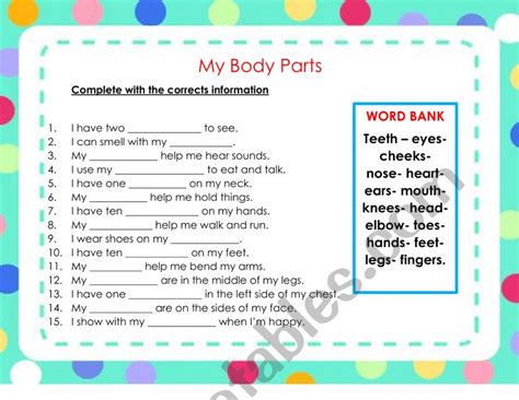 My Body Parts Esl Worksheet By Karenlore29