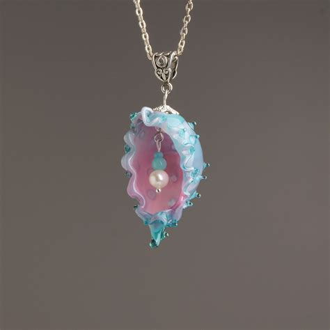 Glass Seashell Necklace Teal Ocean Lover Necklace Nautical Mermaid