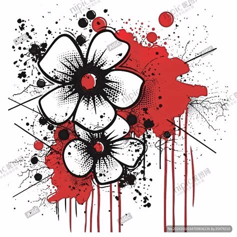 Ai创作图红花黑底图样 黑底红白花图案 喷墨花片图案 暗红手绘花艺素材 黑色碎花图案设计 小红花图案设计 手绘红色花 水墨花型设计 花纹红色