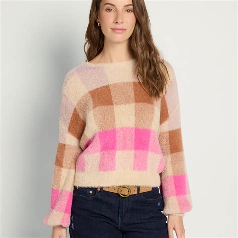 Eyelash Plaid Sweater Soft Knit Relaxed Fit Pullover Wantable