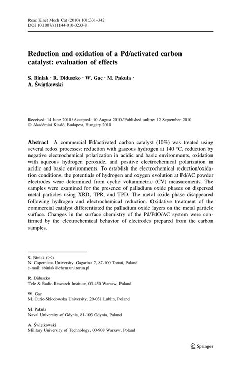 Pdf Reduction And Oxidation Of A Pdactivated Carbon Catalyst