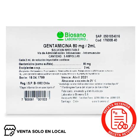 Gentamicina Solución Inyectable 80mg2ml Disponible Solo Para Venta