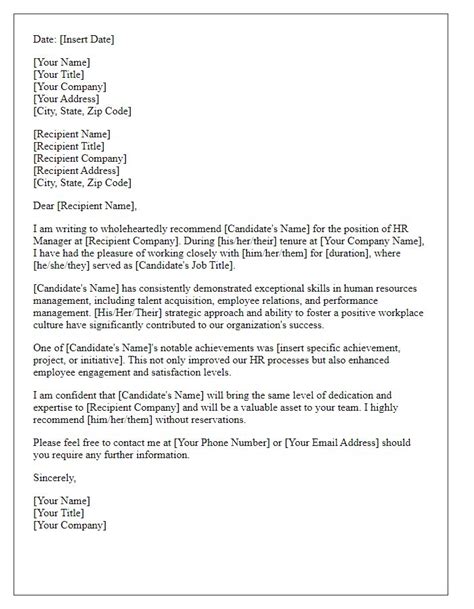 Letter Template For Recommending An Hr Manager Free Samples In Pdf