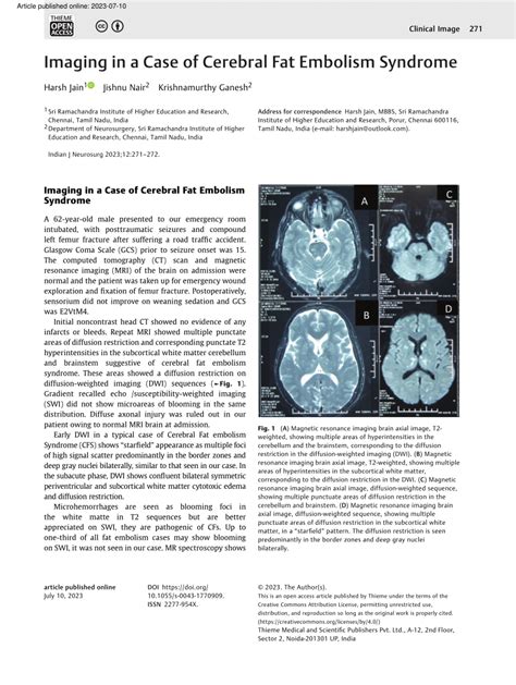Pdf Imaging In A Case Of Cerebral Fat Embolism Syndrome