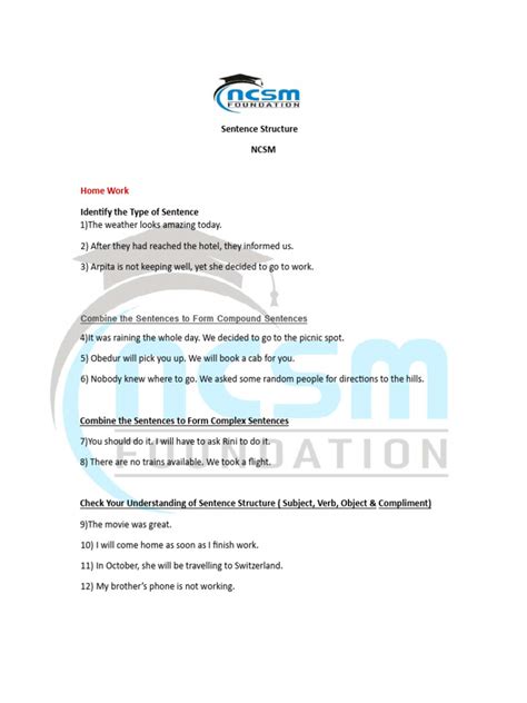 Sentece Structure Home Work Pdf