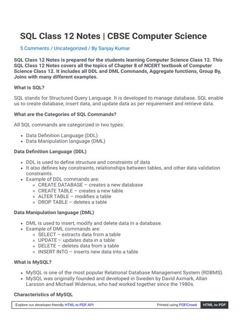 Sql Class 12 Notes Cbse Computer Science Â Techtipnow Ht Pdf