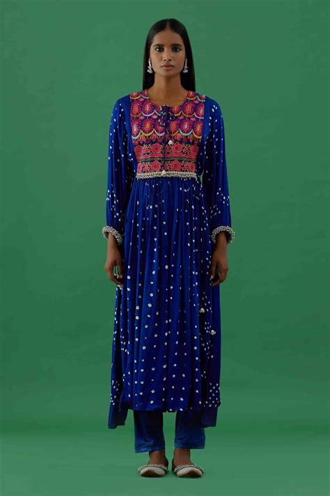 Buy Blue Modal Satin Printed Bandhani Round Anarkali And Pant Set For