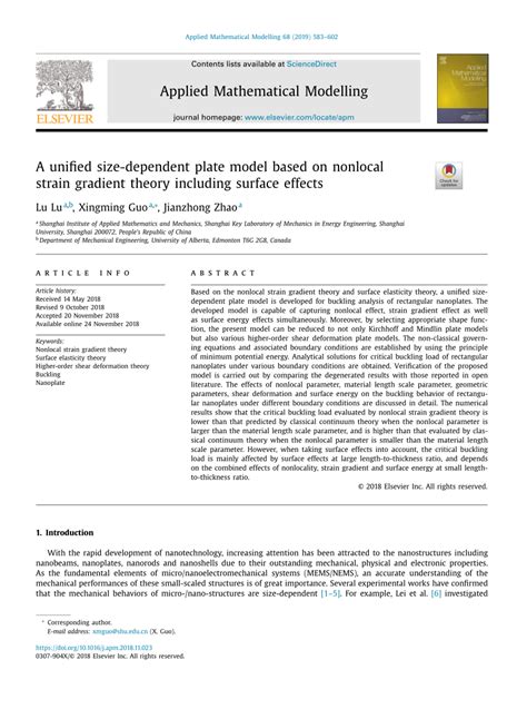 Pdf A Unified Size Dependent Plate Model Based On Nonlocal Strain Gradient Theory Including
