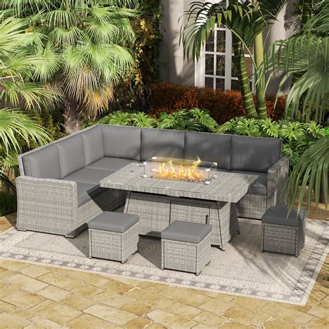 Outsunny Seven Piece Firepit Table Rattan Sofa Set Grey Gardenarch