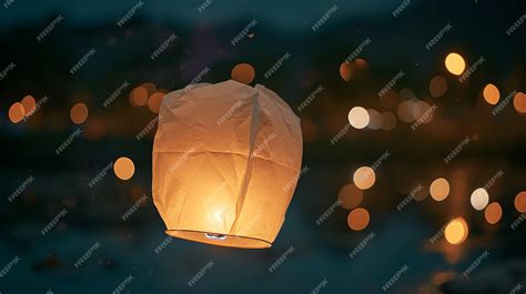 Premium Photo A Paper Lantern Floating In The Air Over A Body Of Water