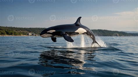 An Orca Breaching The Surface Of The Water Against A Scenic Backdrop