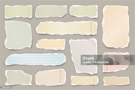 찢어진 화려한 종이 스트립 찢어진 가장자리가있는 현실적인 구겨진 종이 조각 노트북 페이지의 줄 지어있는 파편 벡터 일러스트레이션 0명에 대한 스톡 벡터 아트 및 기타 이미지