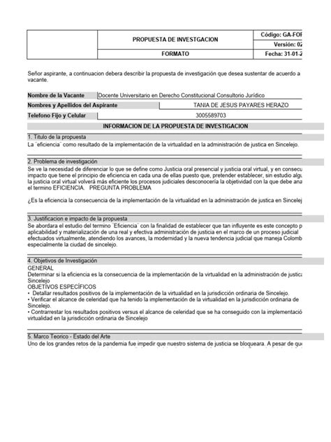 Formato De Propuesta De Investigacion V2 Pdf Justicia Crimen Y