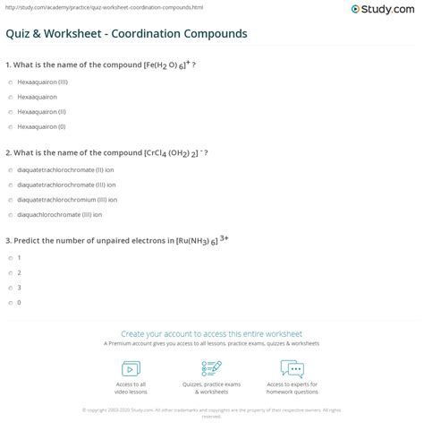 Quiz And Worksheet Coordination Compounds