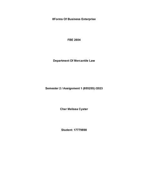 Cher Cyster Assessment 01 Fbe2604 Semester 02 2023 8 Forms Of Business Enterprise Fbe 2604