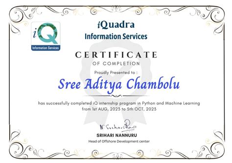 Internshipcompleted Python Machinelearning Iquadrainformationservices Careermilestones