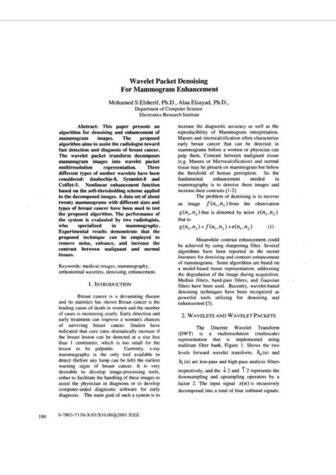 pdf wavelet packet denoising for mammogram enhancement