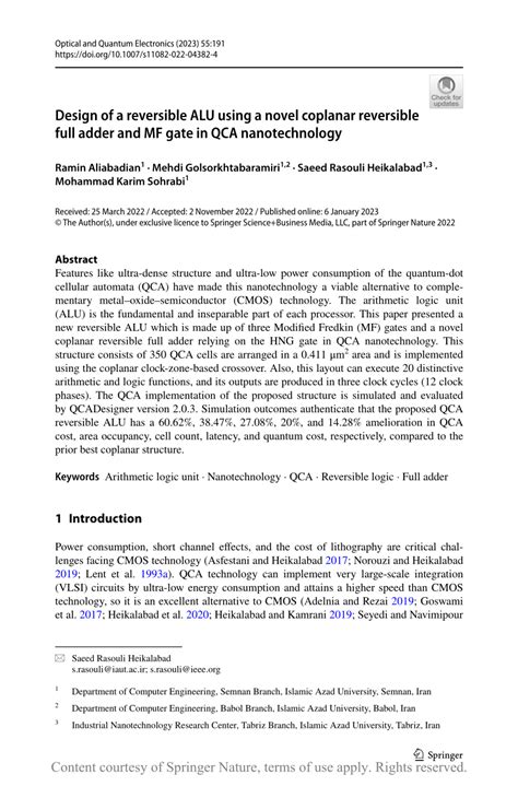 Design Of A Reversible Alu Using A Novel Coplanar Reversible Full Adder And Mf Gate In Qca