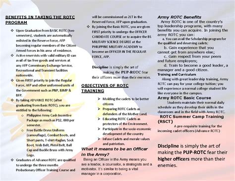 Rotc Pamphlets For Recruitment Benefits In Taking The Rotc Program