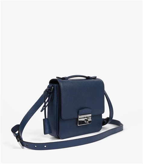Prada Bluette Saffiano Lux Leather Small Sound Crossbody Bag For Sale