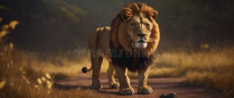 Lion Prowling In Golden Grass Stock Illustration Illustration Of