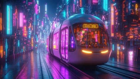 Futuristic City Tram At Night With Neon Lights Stock Illustration