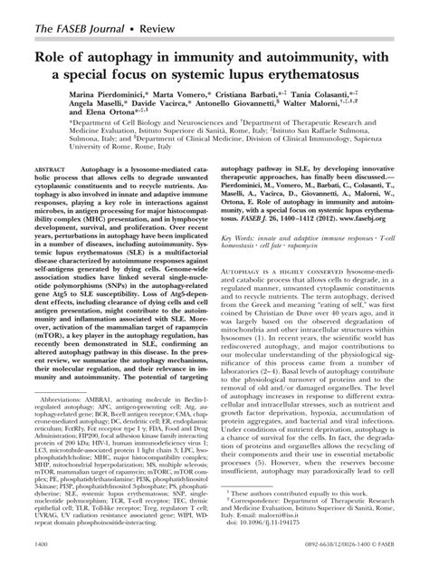 Pdf Role Of Autophagy In Immunity And Autoimmunity With A Special Focus On Systemic Lupus