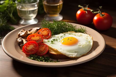Table Setting Features A Classic Fried Egg Breakfast Presentation Stock