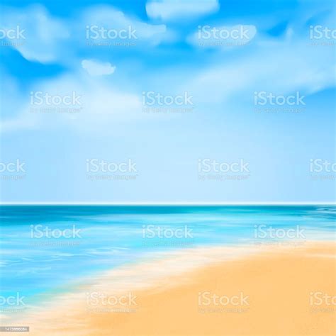 Lukisan Laut Dan Pantai Pasir Di Bawah Sinar Matahari Dan Awan Dengan