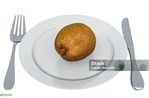 포크와 나이프가있는 접시에 키위 과일 흰색 배경에서 고립 된 3d 렌더링 3차원 형태에 대한 스톡 사진 및 기타 이미지 3차원 형태 개념 개념과 주제 Istock