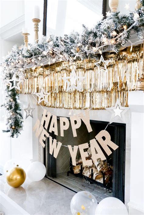 New Years Eve Fireplace Decor With Fringe Garland And Twinkle Lights