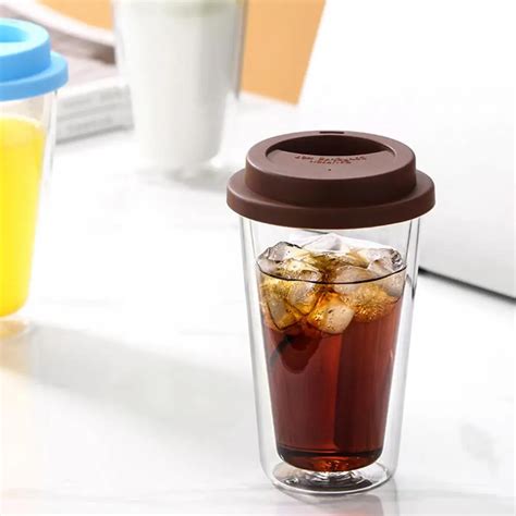 Double Wall Glass Cup Insulated Glass Tumbler With Silicone Lid For Hot