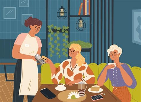 Premium Vector Woman Friends Paying For Lunch In Restaurant Using