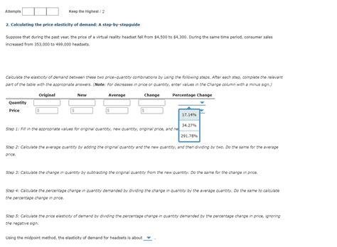 solved 2 calculating the price elasticity of demand a