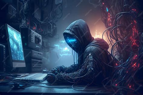 Hacker In A Dark Room With A Computer In The Background Premium Ai