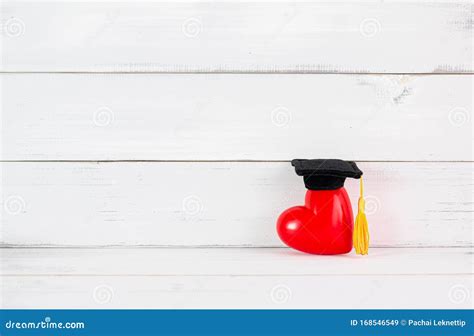 Red Heart With Graduation Cap On White Wood Background Successful Love
