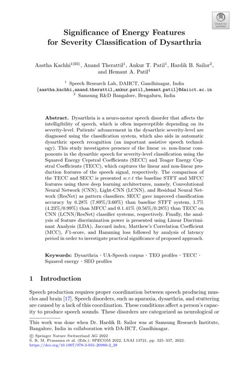 Pdf Significance Of Energy Features For Severity Classification Of Dysarthria