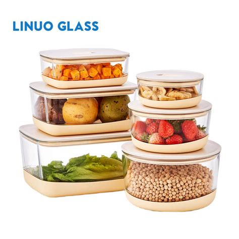 Linuo Glassware Kitchen Lunch Box Stackable Non Slip Glass Meal Prep