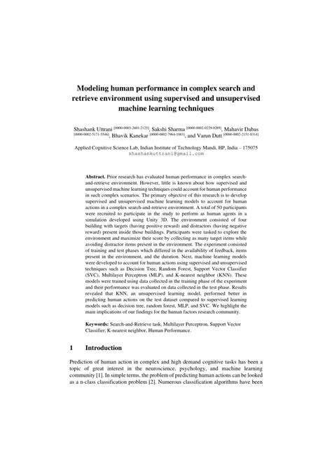 Pdf Modeling Human Performance In Complex Search And Retrieve Environment Using Supervised And